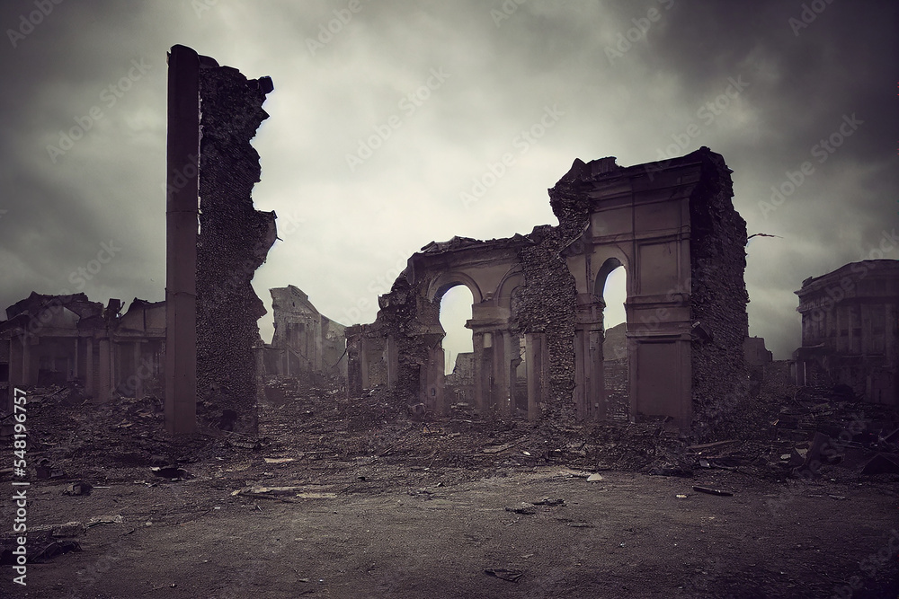 Destroyed arch Street of ruined city post war destroyed building Stock ...