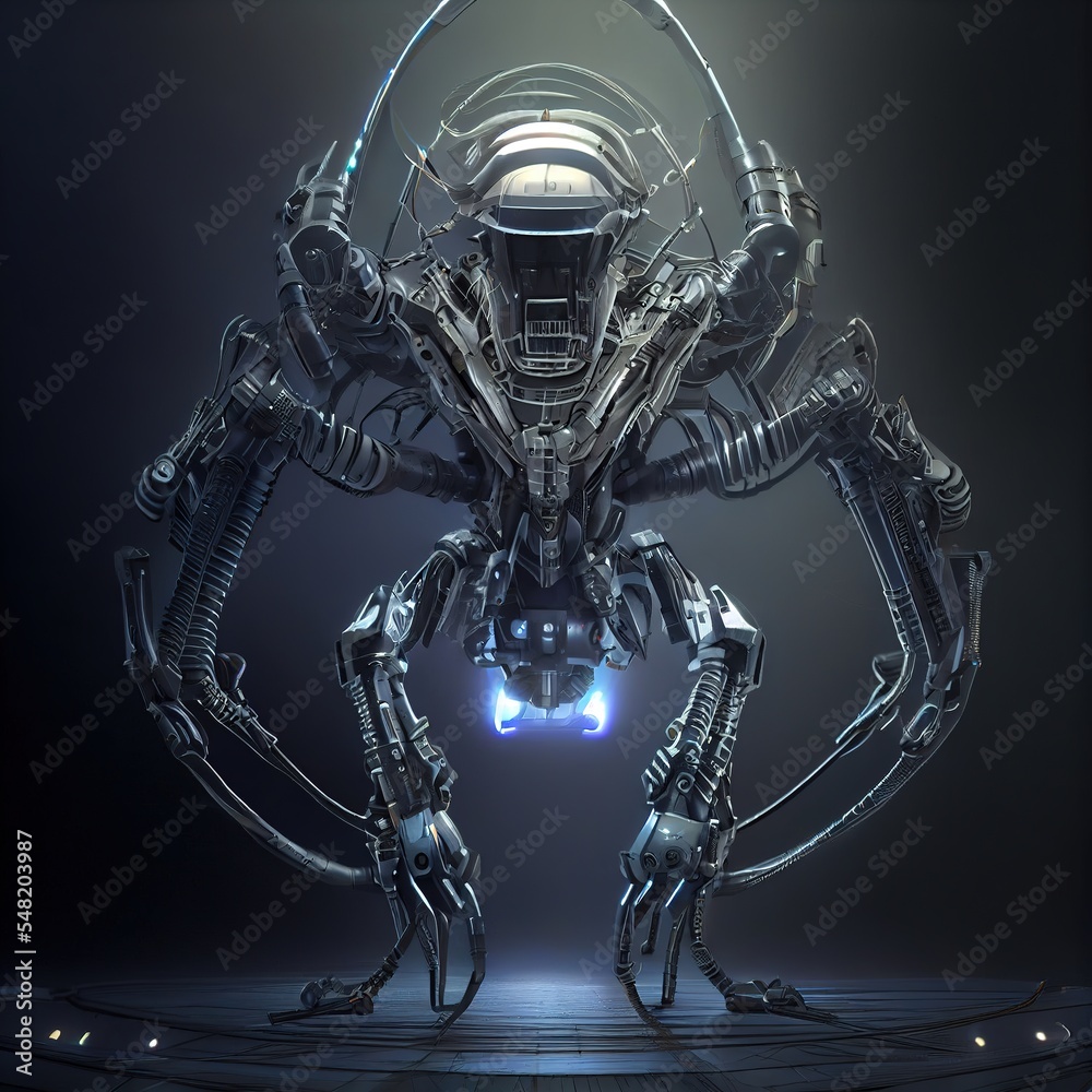 Robotic spider made with metals, cables and wires, in style of ...