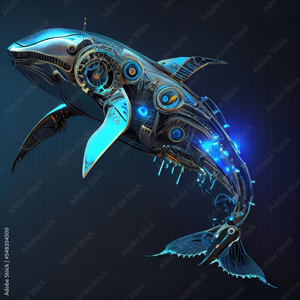 Robotic dolphin made with metals, cables and wires, in style of ...