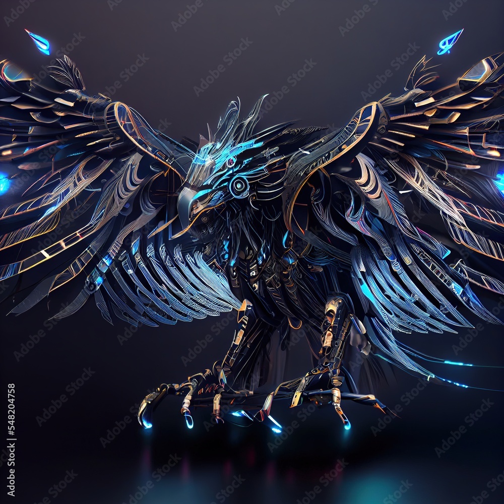 Robotic bird made with metals, cables and wires, in style of cyberpunk ...