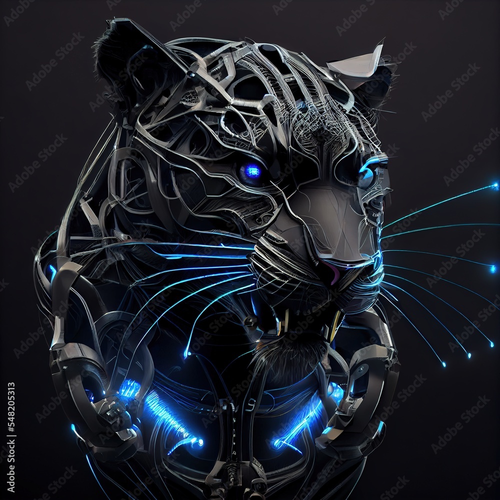 Robotic panther made with metals, cables and wires, in style of ...