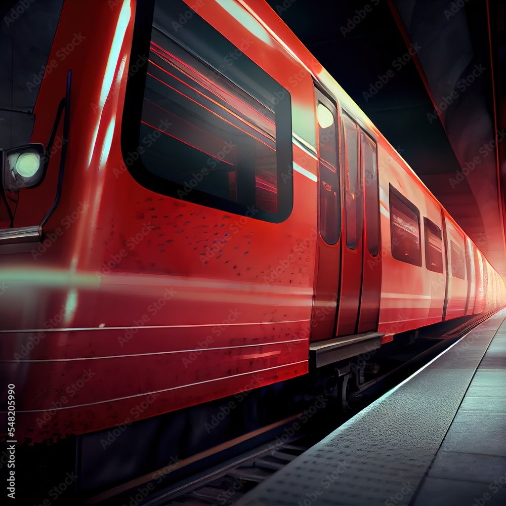 Red subway train at the platform. Blurred motion. Photorealistic ...