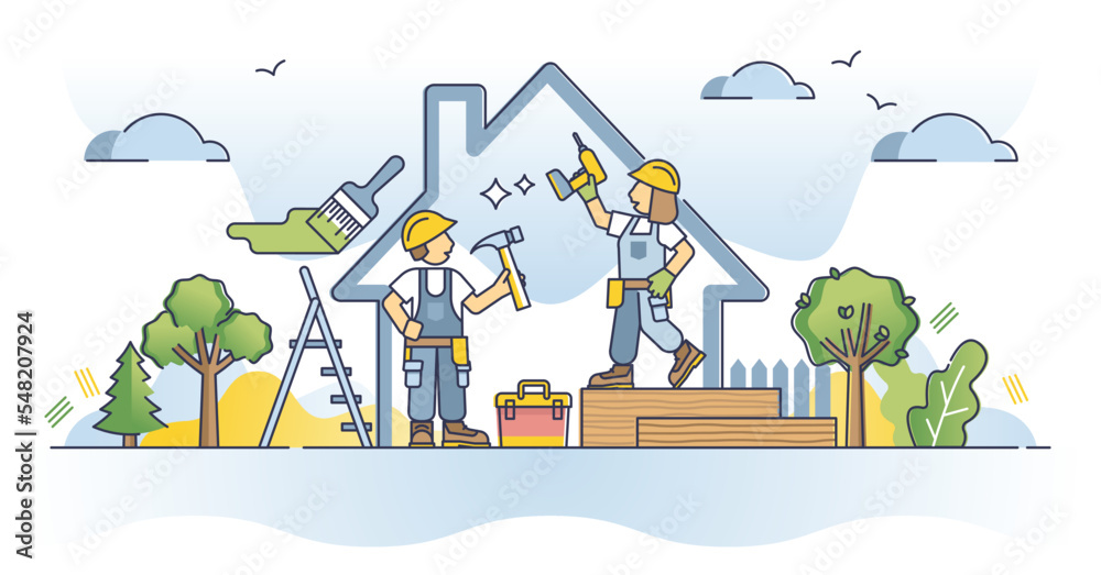 Construction worker and professional builder skills outline concept ...