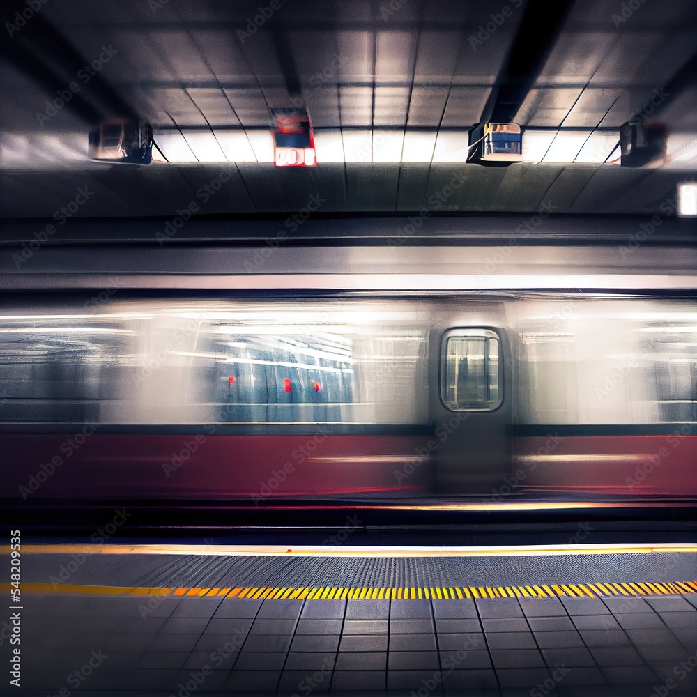 Underground train at the platform blurred in motion. Photorealistic ...