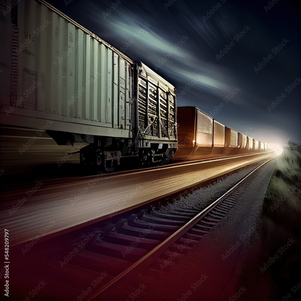 Cargo train blurred in motion in the night. Light trails ...