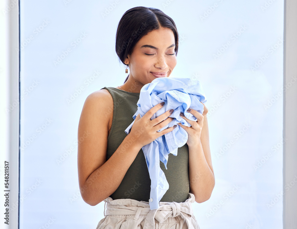 Laundry, cleaning and smell with woman and clothes for fresh, fragrance ...