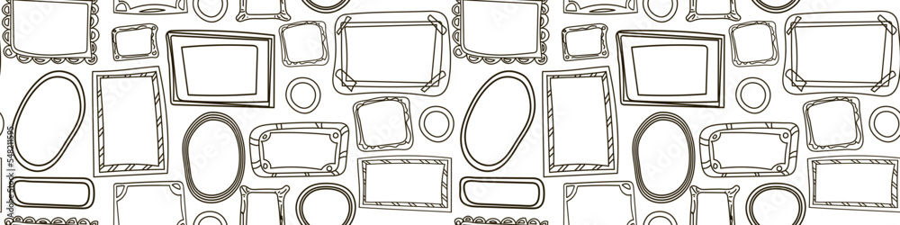 A pattern of doodle-style frames. Black outline on a white background ...