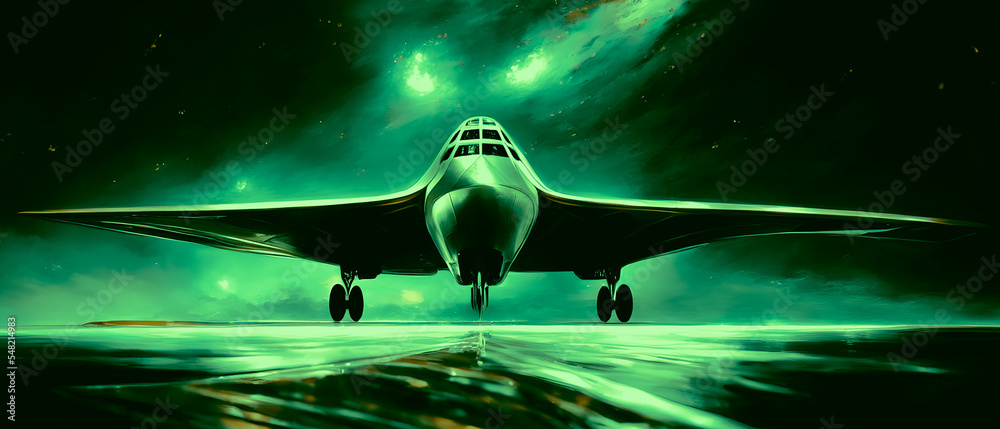 Artistic concept illustration of a futuristic aircraft, background ...