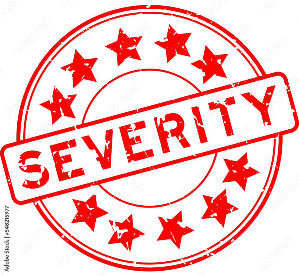 Grunge red severity word with star icon round rubber seal stamp on ...