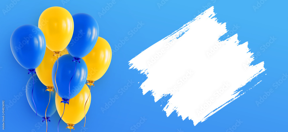 Banner with bunch of helium balloons and brush stroke over blue sky ...