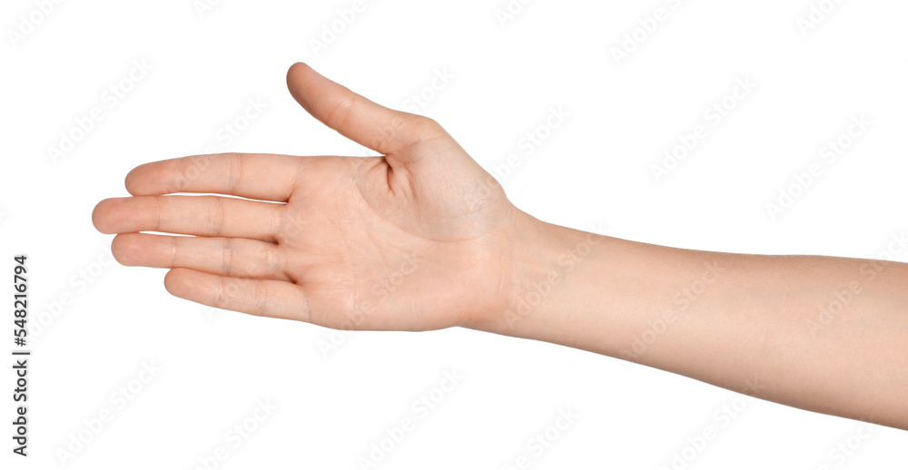 Woman holding out hand on white background, closeup Stock Photo | Adobe ...