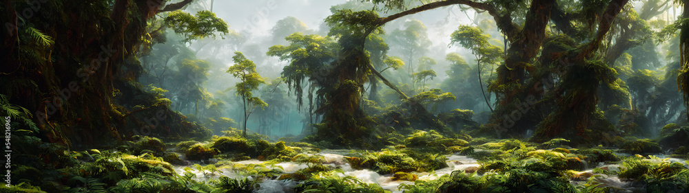Artistic concept illustration of a rain forest, background illustration ...