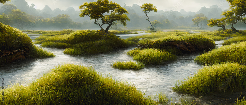 Artistic concept illustration of a panoramic swamp landscape ...