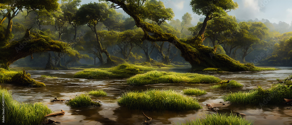 Artistic concept illustration of a panoramic swamp landscape ...