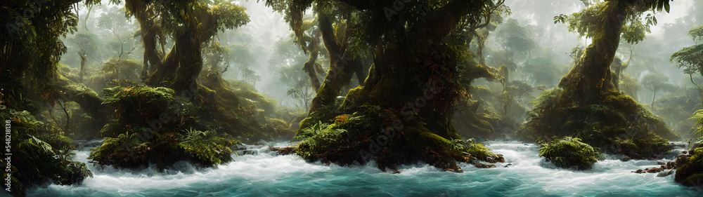Artistic concept illustration of a panoramic swamp landscape ...