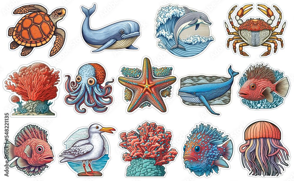 Set of cute cartoon stickers with sea animals, icons underwater life ...
