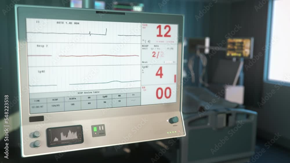 Monitor displays graph of sick persons heart rate at emergency clinic ...