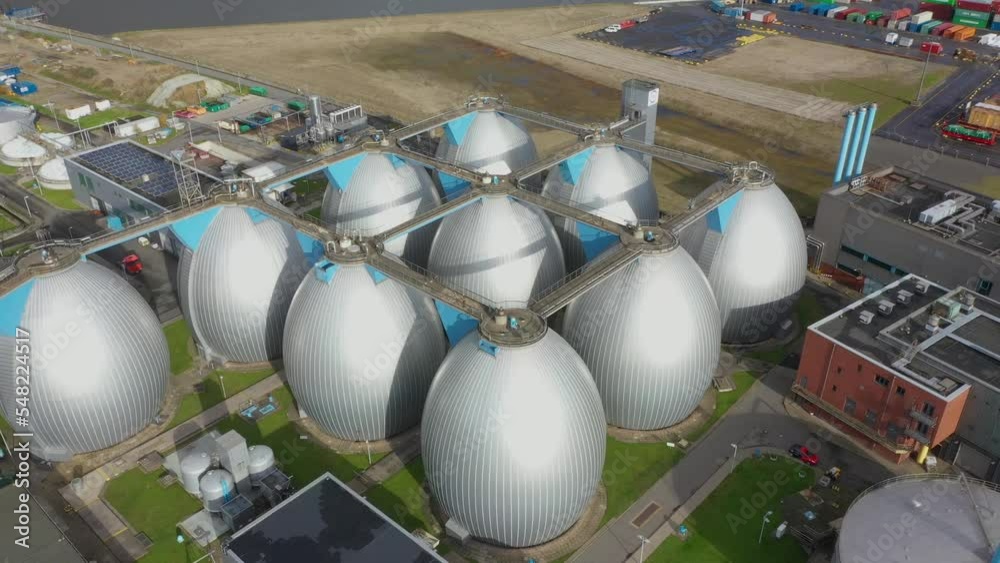 Drone wide aerial view of water purification circle, clean drinking ...