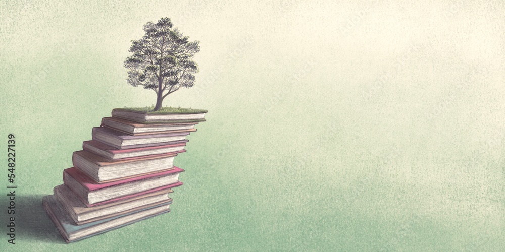 Books of life and a tree. Concept art of education, learning, reading ...