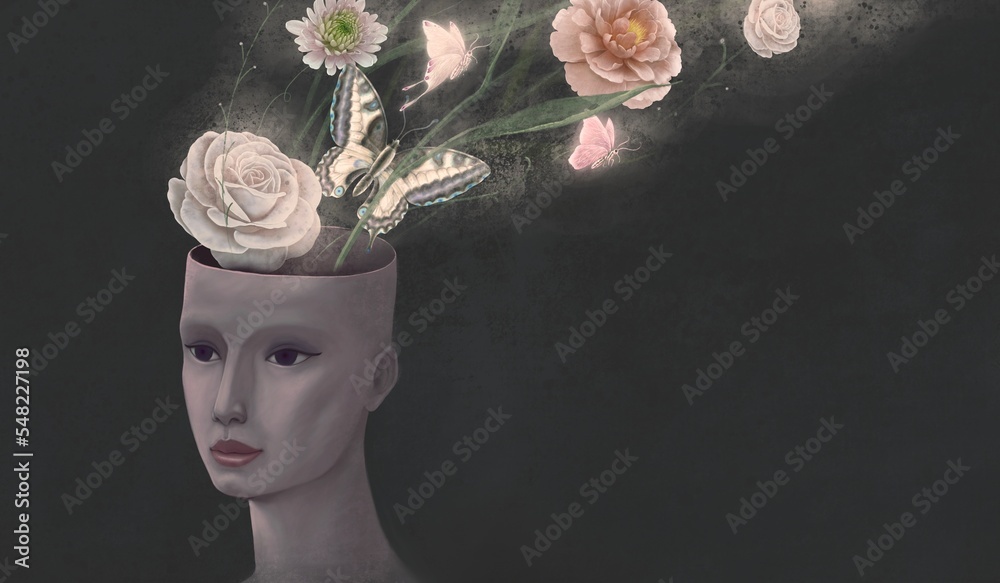 Surreal painting of woman with flowers. Portrait art. Concept art of ...