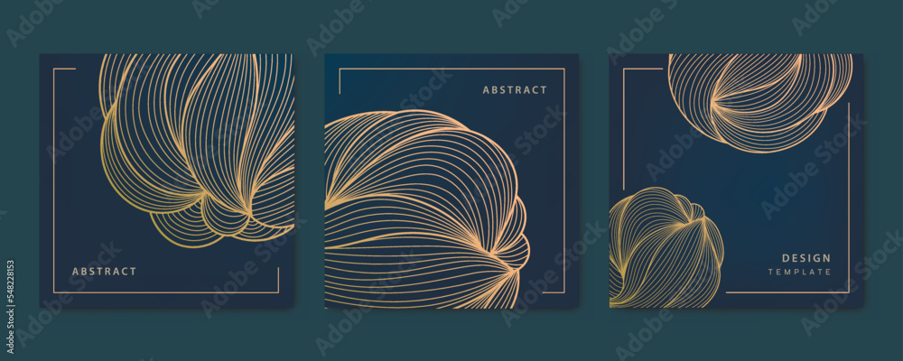 Vector set of gold spheres, organic balls, shapes cards, square luxury ...