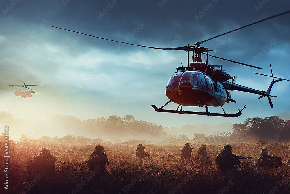 Helicopter above soldiers in tall grass field military operation Stock ...