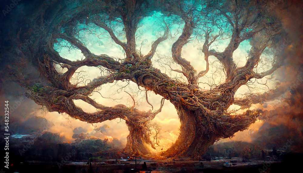Humans discovering Ancient Tree from the ancient world fantasy artwork ...