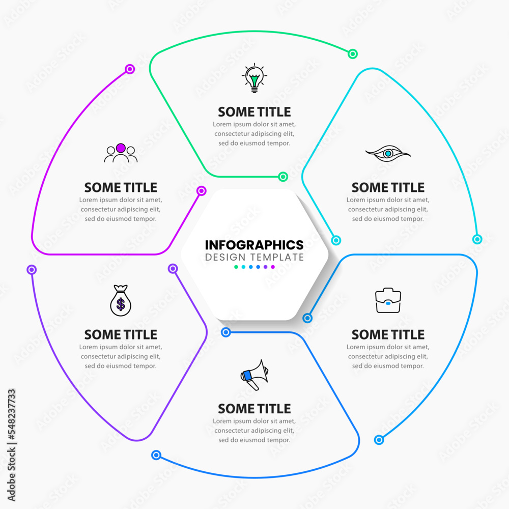 Infographic template. Hexagon in a circle with 6 steps. Line art Stock ...