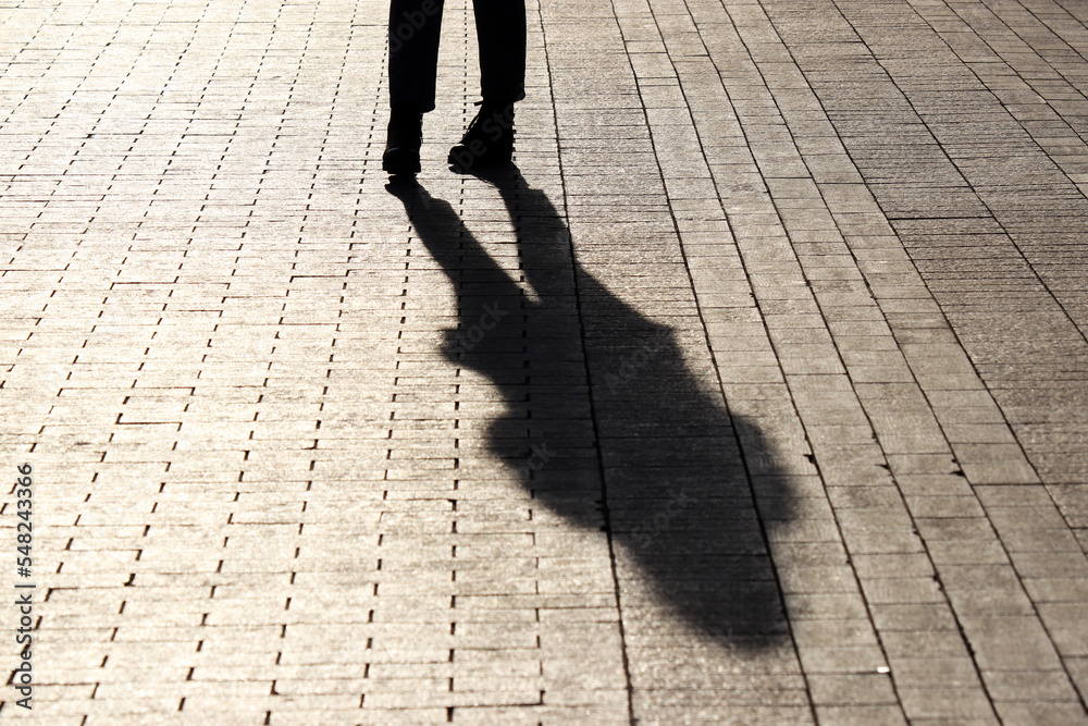Black silhouette and long shadow of lonely slim girl walking on a ...