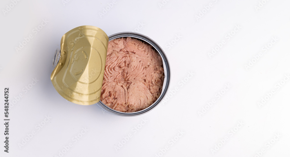 Canned tuna fish fillet in a tin on a white background. tuna fish in a ...