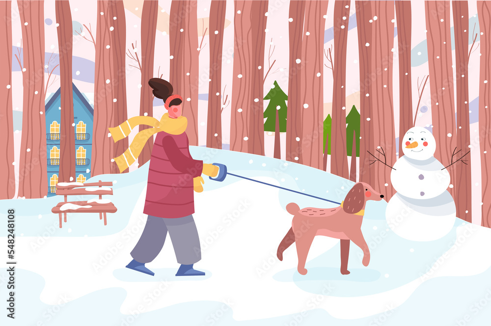 Happy winter and seasonal activity at city park background. Woman ...