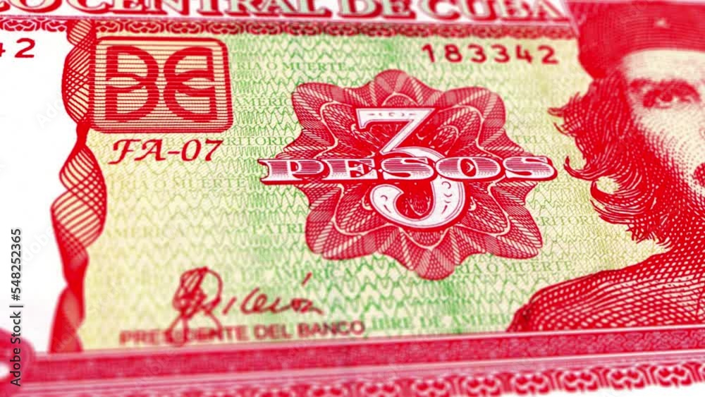Cuba Cuban Peso 3 Banknotes, Three Cuban Peso, Close-up and macro view ...