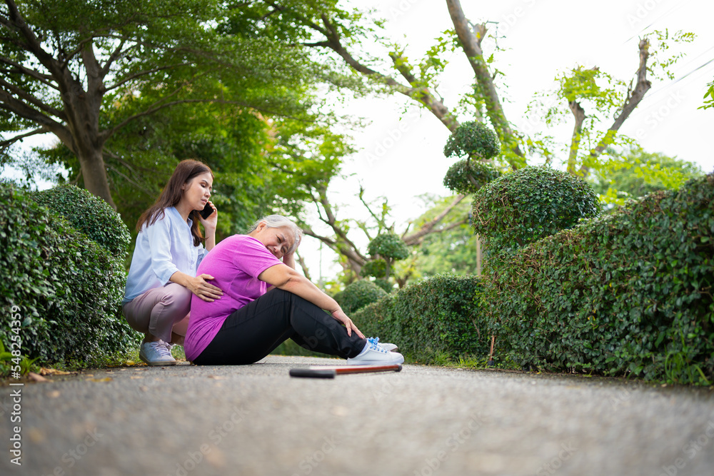 Asian senior woman fell down on lying floor because faint and limb ...
