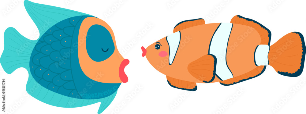 Cartoon style, funny clown fish, bold anemone, wildlife underwater ...