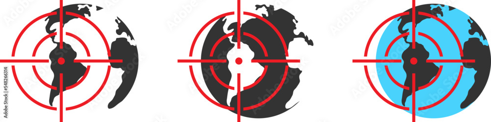 Set of crosshair icon with earth planet. Target on globe. Flat vector ...