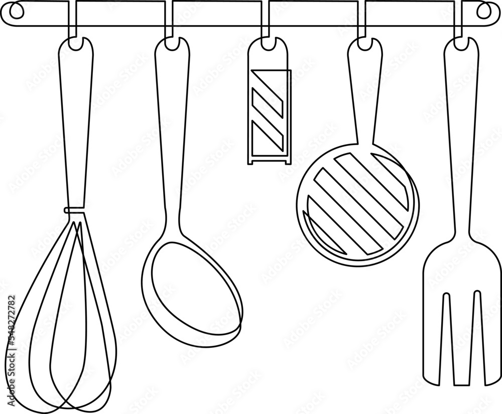 Hanging shelf railing with kitchen utensils. Still life on the kitchen ...