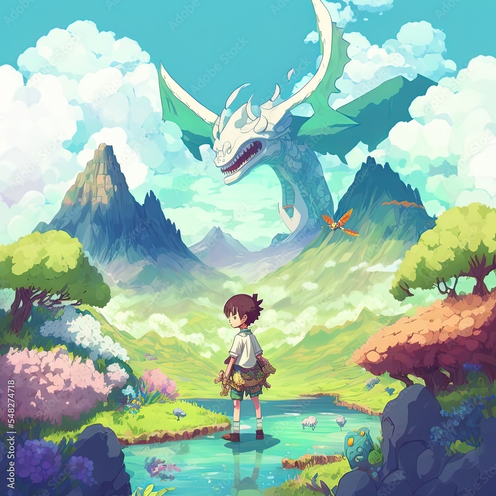 A young boy in a fairytale setting, with a mythical dragon like ...