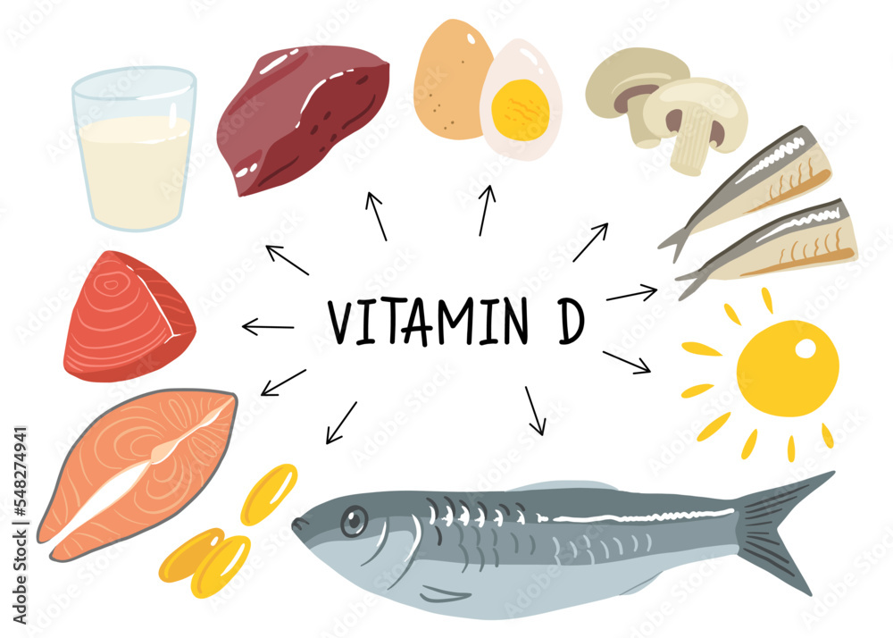 Collection of vitamin D sources. Food enriched with cholecalciferol ...