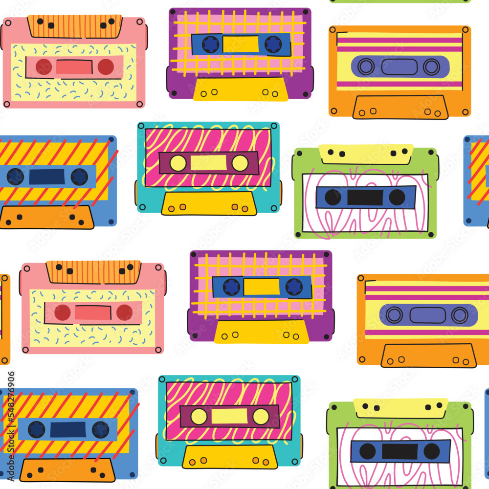 Retro cassette pattern. Seamless vintage memphis 90s party pattern ...