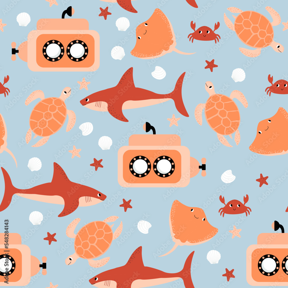 Vector seamless pattern with shark, submarine, turtle, crab, devil fish ...
