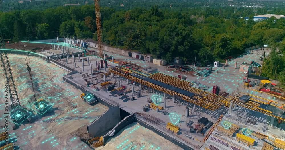 Construction site from the air, concept. Visualization of a modern ...