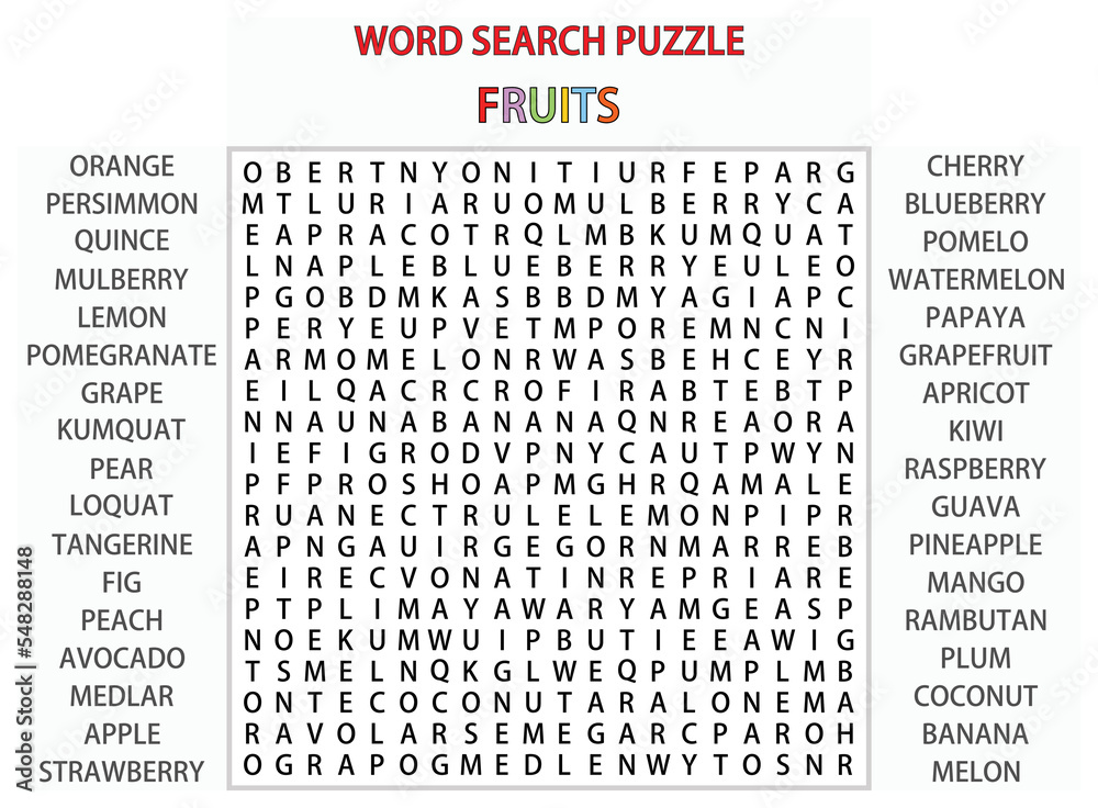 Word search puzzle vector (Word find game) illustration. Fruits. Stock ...