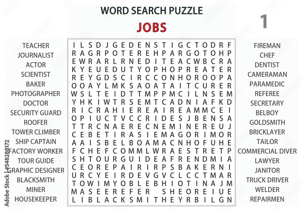 Word search puzzle vector (Word find game) illustration. Jobs. Stock ...
