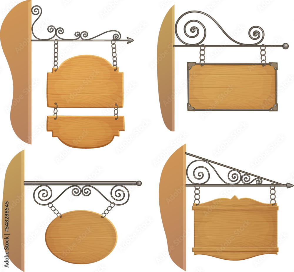 Collection of light wooden signs mounted to the wall cartoon vector ...