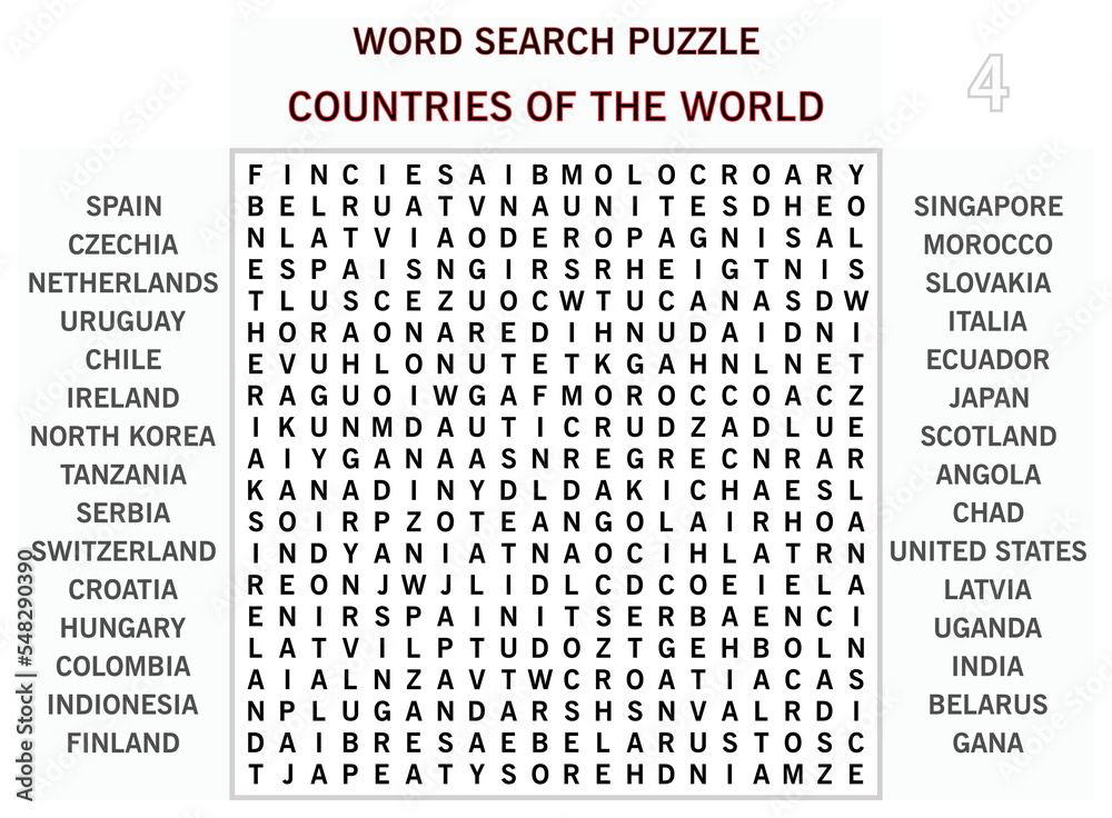 Word search puzzle vector (Word find game) illustration. Countries of ...