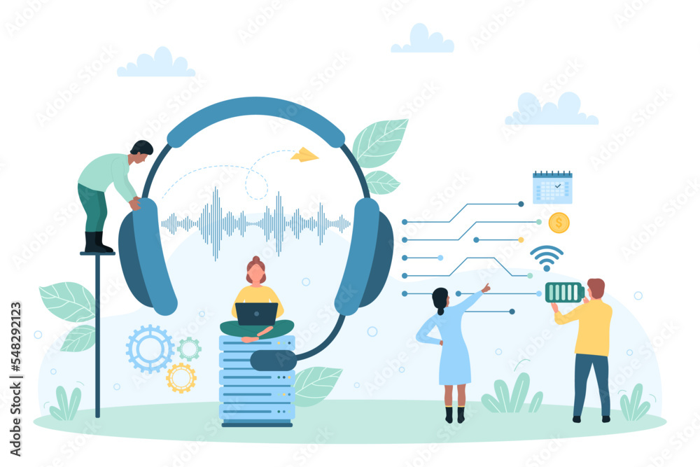 Vetor de Customers support service vector illustration. Cartoon tiny team of call center ...