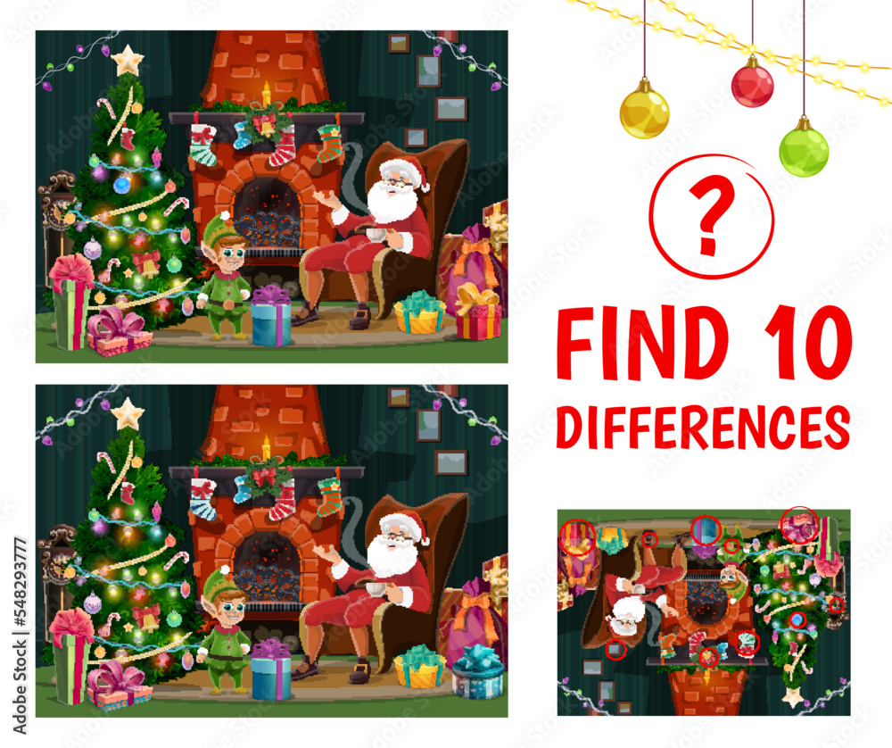 Find ten differences. Christmas interior with santa in chair near ...