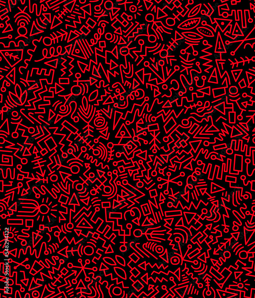 Abstract doodle drawing with red lines on a black background.Seamless ...