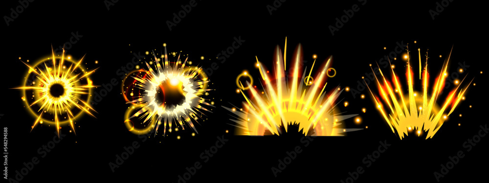 Magic explosive circle, vector gold game sparkle, yellow radial light ...