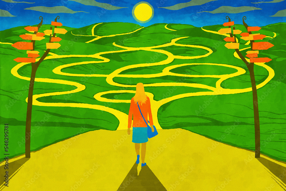 Young woman with confusing choice of paths Stock Illustration | Adobe Stock